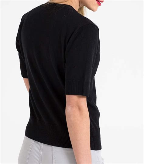 Black Womens Silk Cotton Short Sleeved V Neck Cardigan WoolOvers AU
