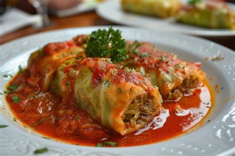 Stuffed Cabbage Rolls Covered In Tomato Sauce On White Plate Stock