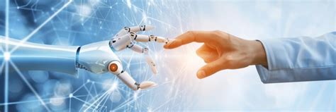 Premium Photo Robot And Human Hands Touching On Data Network Connection Background In A