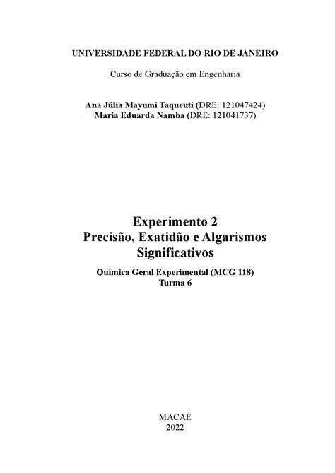 Relatório Quimica Experimental Trabalhos Química Docsity