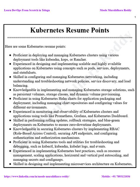 Kubernetes Resume Points Moole Muralidhara Reddy Telugu Devops Guru Pdf Computer Cluster