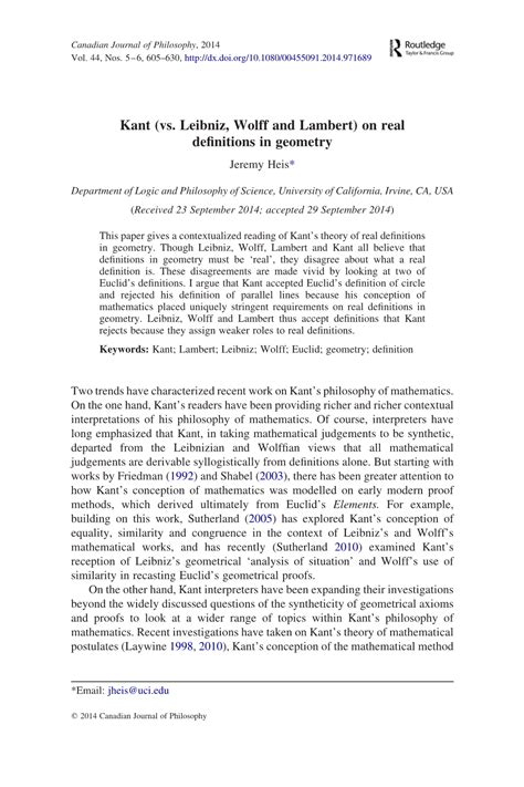 Kant Vs Leibniz Wolff And Lambert On Real Definitions In Geometry Docslib