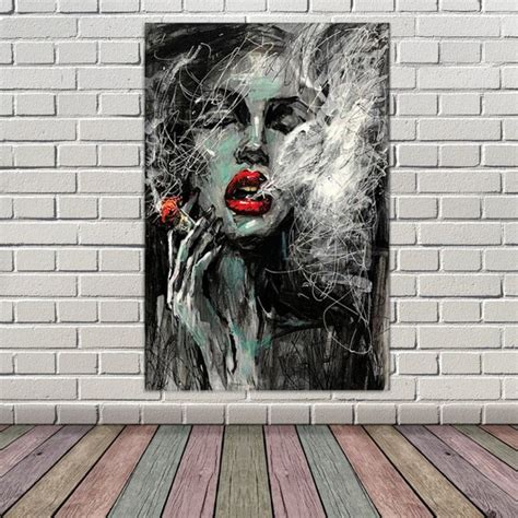 Red Lips Art Woman Smoking Cigarette Sexy Lady Smoking Canvas Etsy