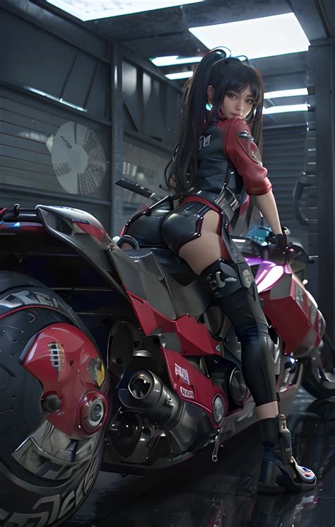 後ろからのアングル セクシーなポーズでバイクに乗る入れ墨のサイバーパンクの女の子 サイバーパンクと落書きのある放棄された場所で アキラ
