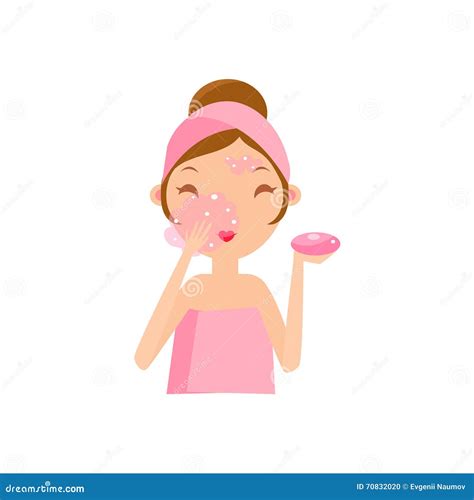 Girl Washing Face With Soap Vector Illustration