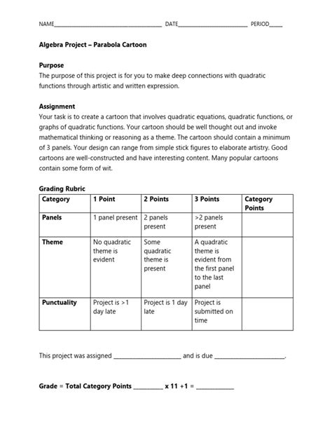 Algebra Project Parabola Cartoon Purpose Pdf