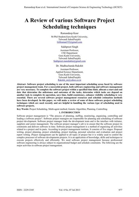 A Review Of Various Software Project Scheduling Techniques Ijcset