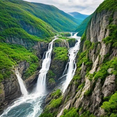 A Waterfall Is In The Middle Of A Mountain With A Waterfall In The