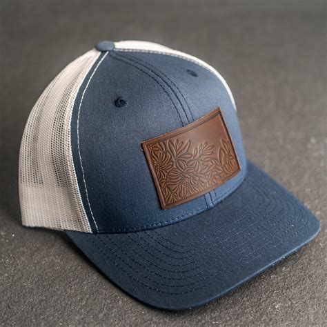 Leather Patch Trucker Style Hat Floral Stamp Ox And Pine