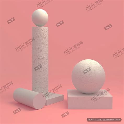Ai创作图几何体渲染场景 带球体的讲台 几何形状讲台 球体在讲台上 粉红色圆柱体 粉色平台 讲台上的球体 几何体渲染 漂浮的粉红色平台 粉色