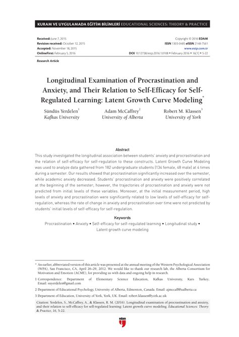 Pdf Longitudinal Examination Of Procrastination And Anxiety And Their Relation To Self