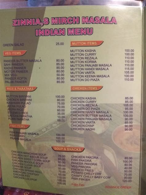 Menu At Zinnias Mirch Masala Kolkata 1st Floor