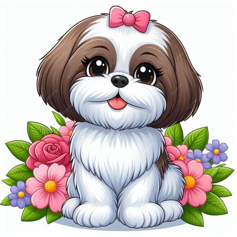귀여운 Shih Tzu 개와 꽃 터 만화 일러스트레이션 프리미엄 벡터
