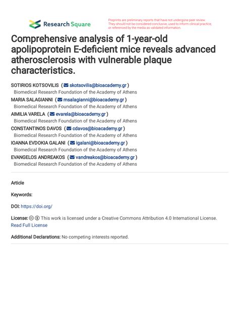 Pdf Comprehensive Analysis Of 1 Year Old Apolipoprotein E Deficient