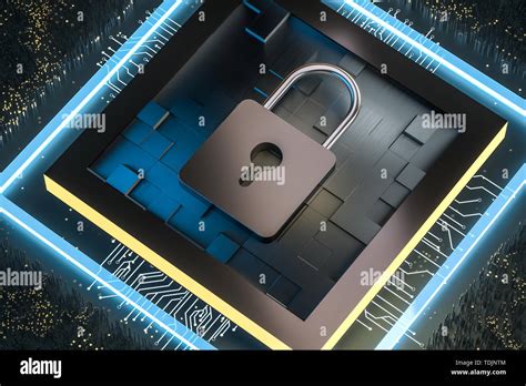 Three Dimensional Rendering Metal Encryption Lock With Tech Background