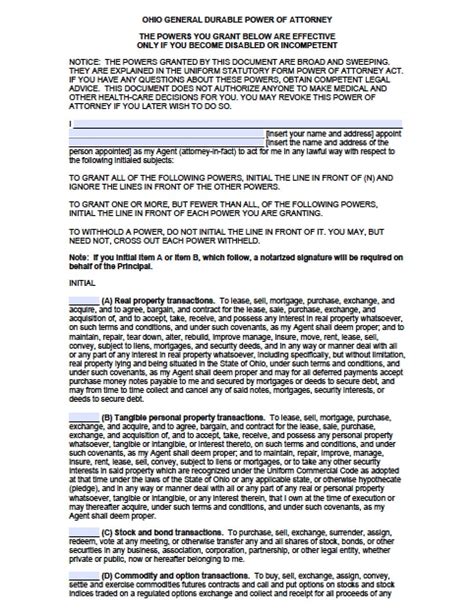 Ohio Durable Financial Power Of Attorney Form Power Of Attorney