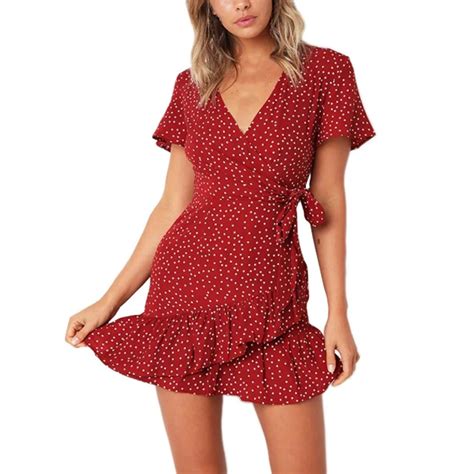Feitong Women Dress Summer Dot Floral Flare V Neck Bow Ruffles Bohe