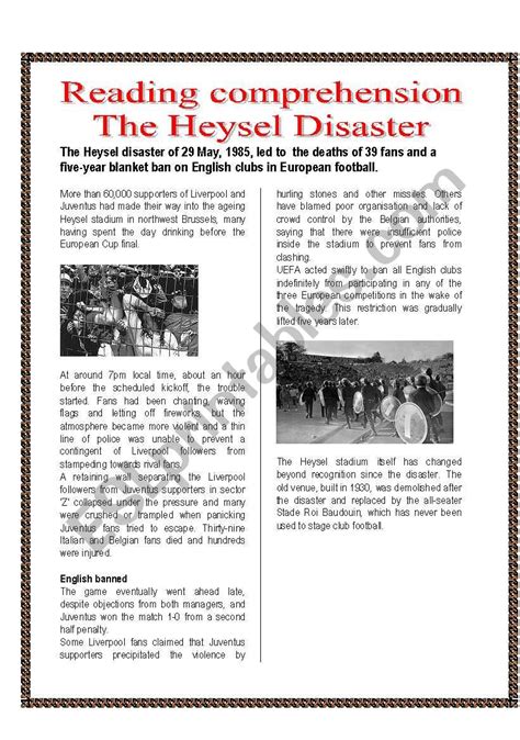 The Heyzel Disaster Reading 3 Pages With Answers Esl Worksheet By