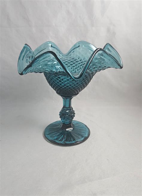 Vintage 1940s Ivima Glass Co Blue Diamond Teal Pedestal Compote