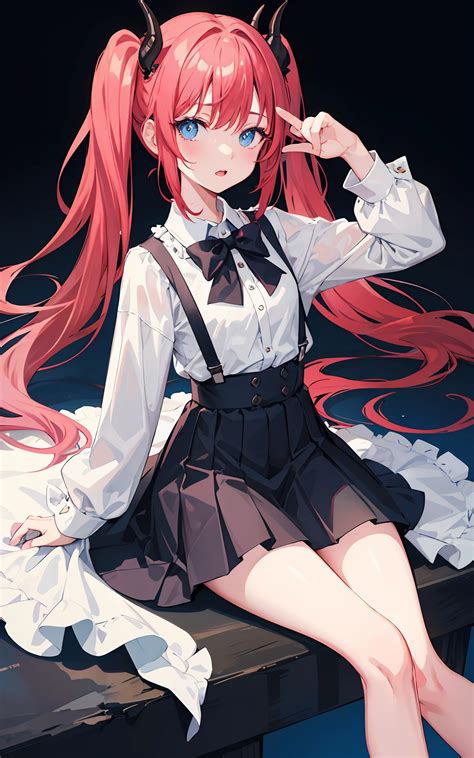 อะนิเมะสาวผมยาวสีแดงนั่งอยู่บนม้านั่ง Seaart Ai