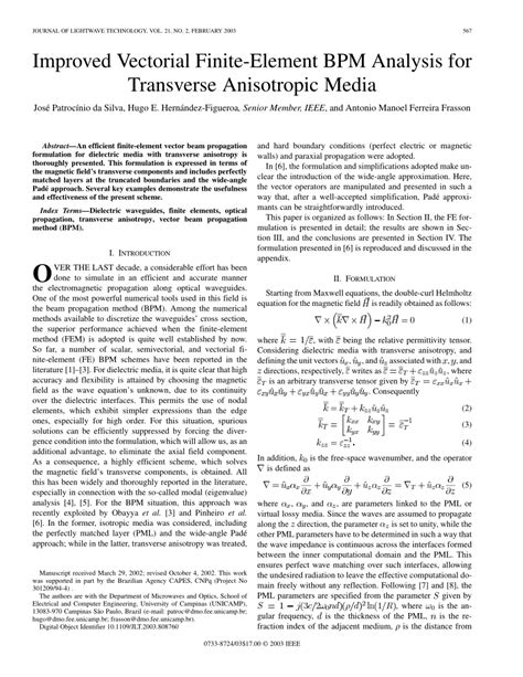 Pdf Improved Vectorial Finite Element Bpm Analysis For Transverse