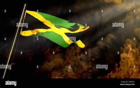 Defocused Jamaica Flag On Smoke With Sun Beams Backdrop Cataclysm