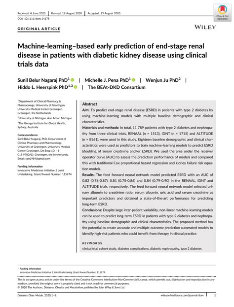 Pdf Machine Learning Based Early Prediction Of End‐stage Renal Disease In Patients With