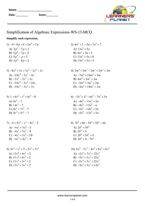 Simplification Of Algebraic Expressions Workbook 2