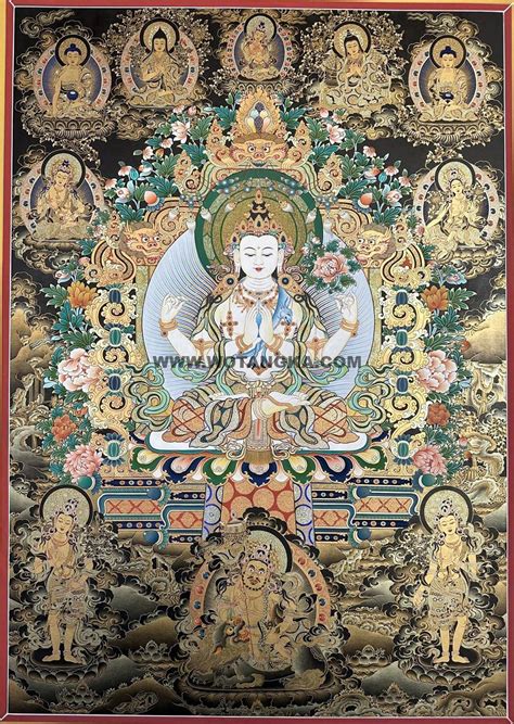 热贡 尼玛次仁·画院：黑金唐卡 四臂观音·三怙主（12090cm左右） 沃唐卡