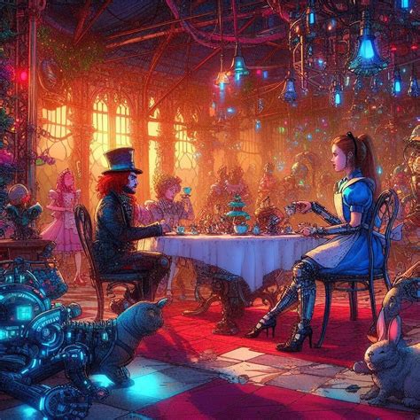 Scenes From Alice In Wonderland In A Cyberpunk Setting But In The