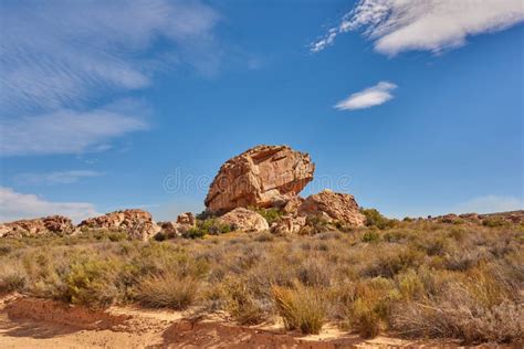 Field Boulder And Sky With Rock Formation And Geology At Location