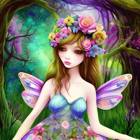 Beautiful Fantastical Mystical Flower Fairies In Magical Forest Digital