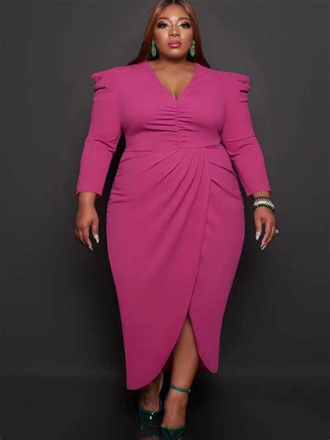 Plus Size Long Sleeve Asymmetrical Midi Dresses Blue 5xl Midi