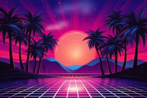 Premium Vector Purple Sun Palm Tree Synthwave
