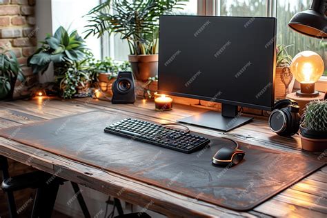 Modern Home Office Desk Setup With Black Monitor Keyboard Mouse And