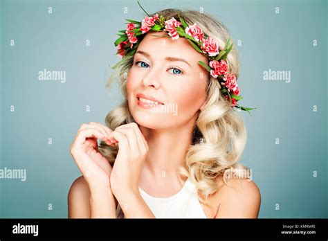 Healthy Model Woman Wearing Flower Wreath Beautiful Woman Making Heart