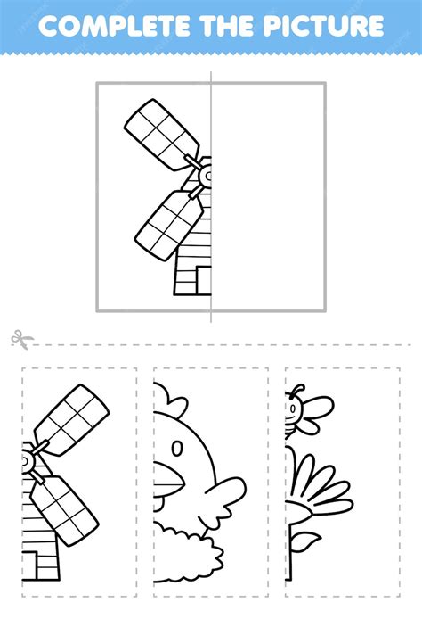 어린이를 위한 교육 게임은 인쇄 가능한 농장 워크시트를 색칠하기 위한 귀여운 만화 풍차 반 개요의 그림을 자르고 완성합니다 프리미엄 벡터