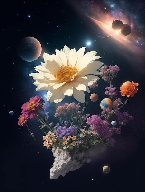 Une Fleur Poussant Dans L espace Avec Des Planètes Des Galaxies Et Des Vaisseaux Spatiaux