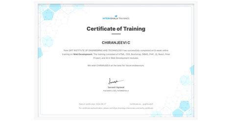 Chiranjeevi C On Linkedin Successfully Completed The Web Development Training From Internshala