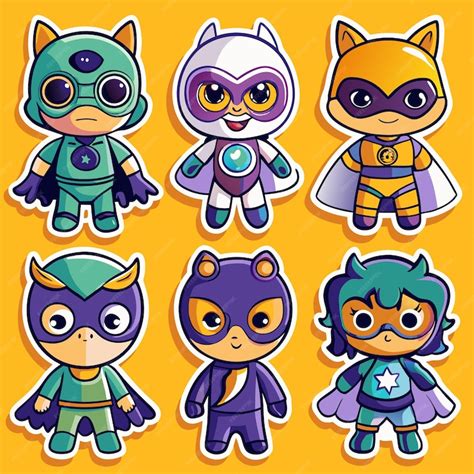 Set Of Six Cute Cartoon Superhero Characters In Colorful Costumes And