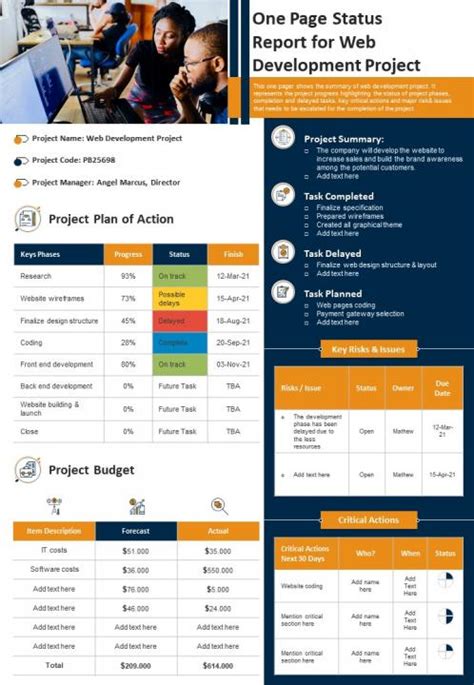 one page status report for a web development project presentation
