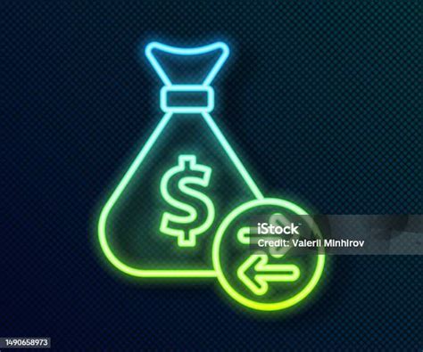 ไอคอนถุงเงินนีออนเรืองแสงแยกบนพื้นหลังสีดํา สัญลักษณ์ดอลลาร์หรือ Usd