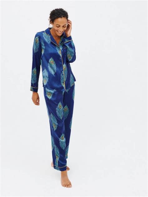 Their Nibs Peacock Feather Print Satin Pyjamas Navy Multi