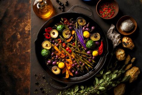 Sartén negra con deliciosas verduras a la parrilla sobre mesa de madera con condimentos Foto
