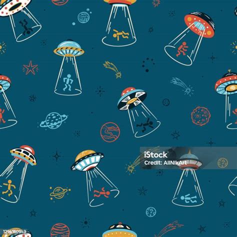 Ufo는 인간을 납치한다 공간 벡터 원활한 패턴 남자는 Ufo에 의해 멀리 촬영 비행 접시 납치 사람들 반복 다채로운 배경 0