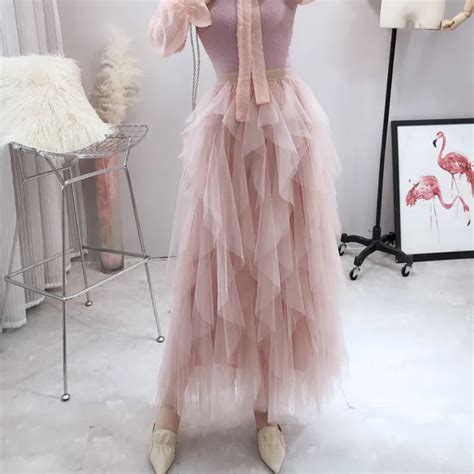 2019 Spring Plus Long Pink Mesh Skirts Women Sweet Princess Maxi Mesh