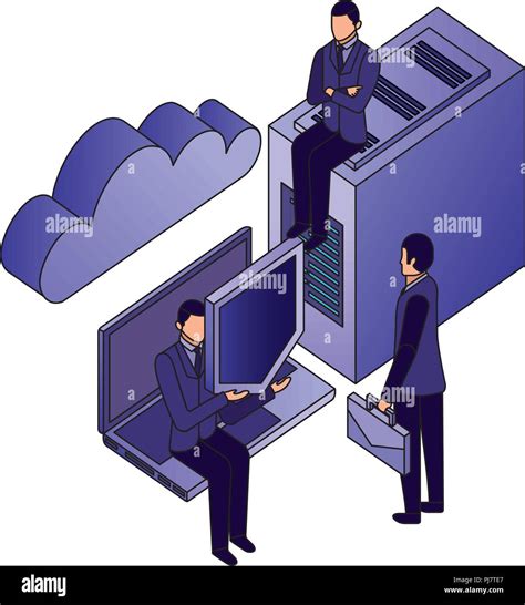 Businessmen With Server Data Laptop Shield Cloud Storage Vector