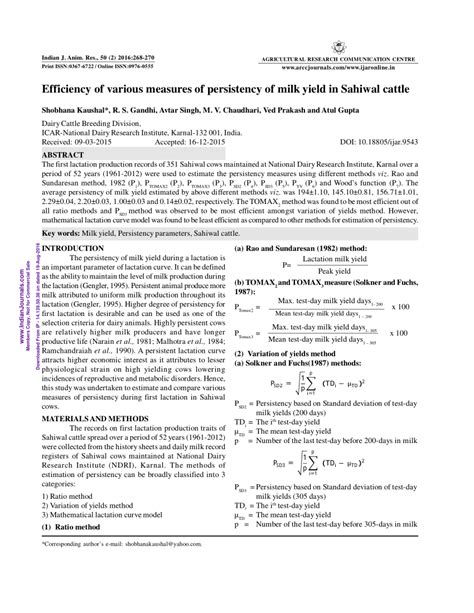Pdf Efficiency Of Various Measures Of Persistency Of Milk Yield In