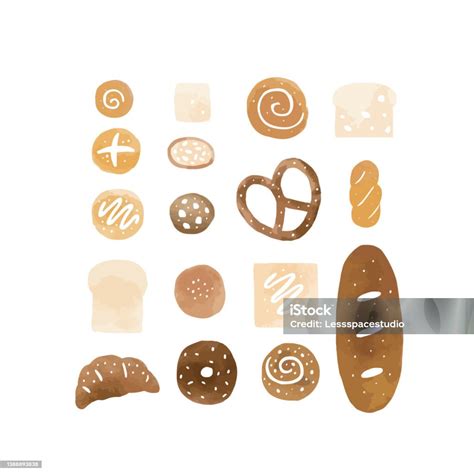 白い背景にセットされた水彩画のパンとベーカリー製品の手描きベクターイラスト イラストレーションのベクターアート素材や画像を多数ご用意