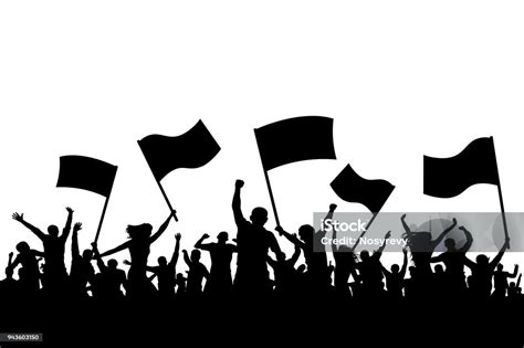 쾌활 한 무리 사람들이 실루엣 군중 박수입니다 데모 시위입니다 플래그와 함께 스포츠 팬 들입니다 팬 댄스 콘서트 디스코 기에 대한 스톡 벡터 아트 및 기타 이미지 Istock